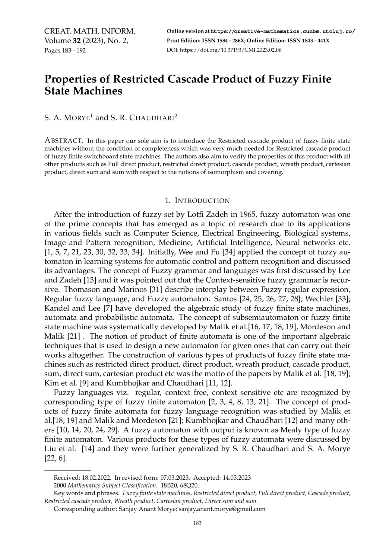 » Properties of Restricted Cascade Product of Fuzzy Finite State Machines