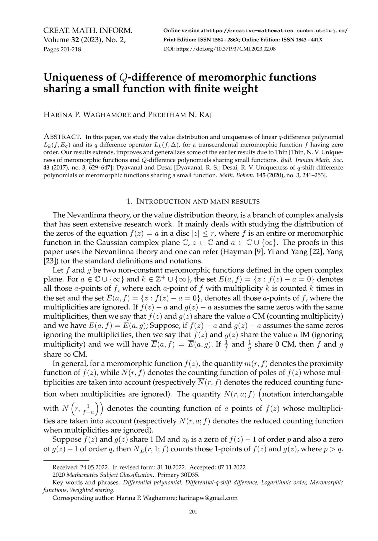 » Uniqueness of Q-difference of meromorphic functions sharing a small function with finite weight
