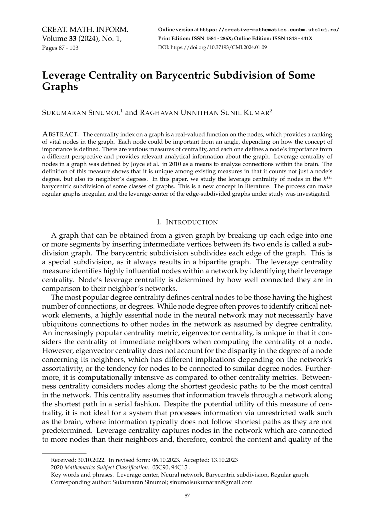 » Leverage Centrality on Barycentric Subdivision of Some Graphs