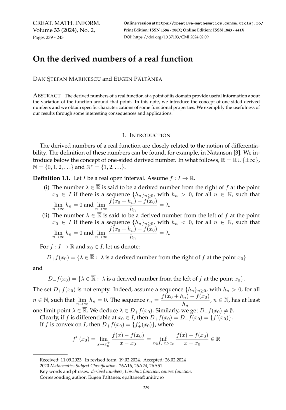 » On the derived numbers of a real function