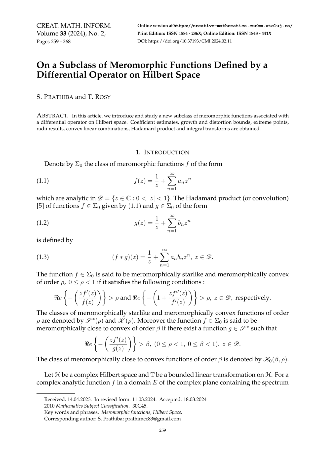 On A Subclass Of Meromorphic Functions Defined By A Differential Operator On Hilbert Space 