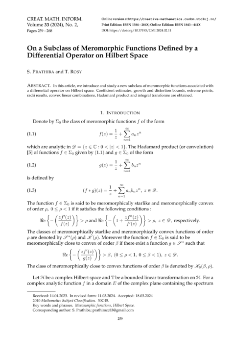 On A Subclass Of Meromorphic Functions Defined By A Differential Operator On Hilbert Space