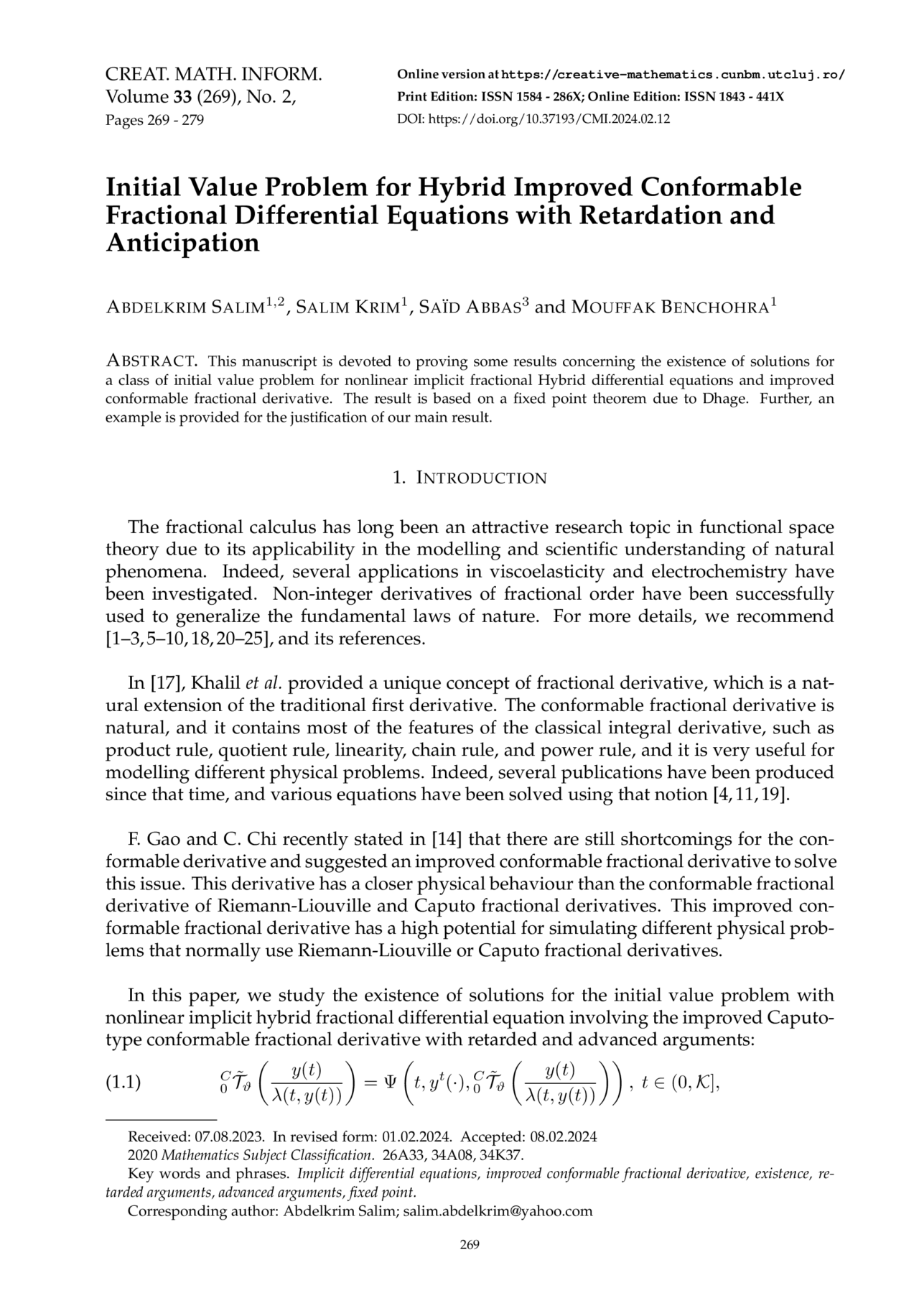 Initial Value Problem For Hybrid Improved Conformable Fractional